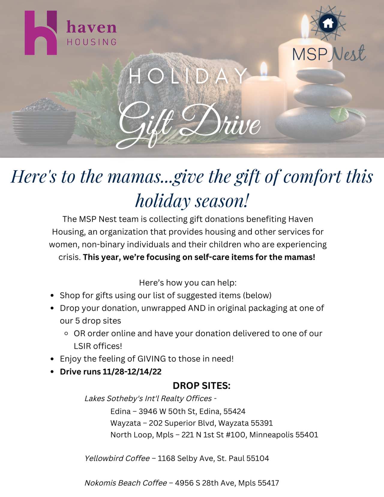 Haven Housing Holiday gift Drive 2022 | MSP Nest